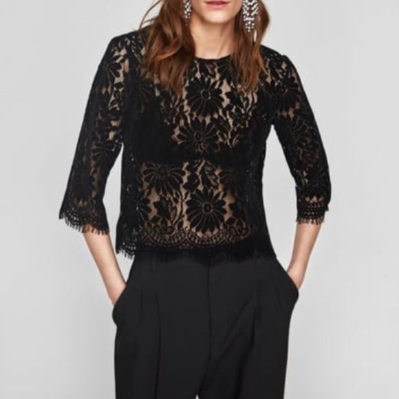 Zara | Tops | Zara Basic Collection Black Flocked Lace Top Xs | Poshmark